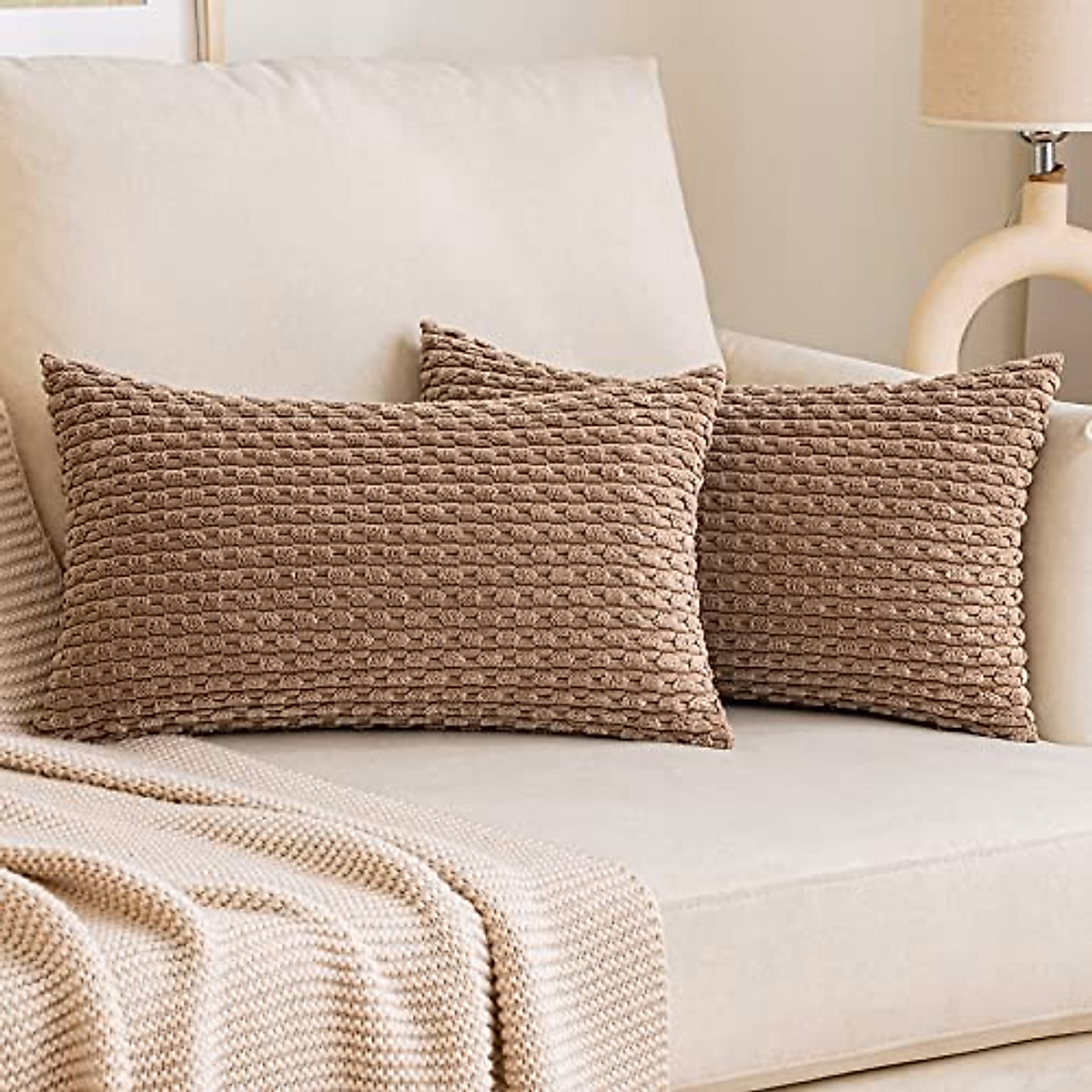 EMEMA Throw Pillow Covers Soft Corduroy Decorative Boho Striped Pillowcases Rectangle Cushion Case Farmhouse Home Decor for Couch Sofa Living Room Bed Pack of 2, 12x20 Inch Brown