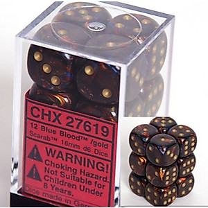 Chessex Scarab 16mm d6 Blue Blood w/Gold Dice Block (12) Dice - 27619