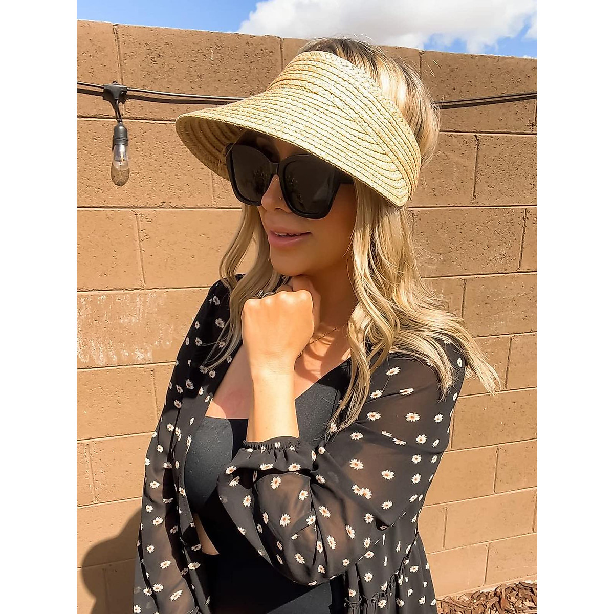 FURTALK Sun Visor Hats for Women Wide Brim Straw Foldable Beach Summer Roll Up Ponytail Hat Khaki