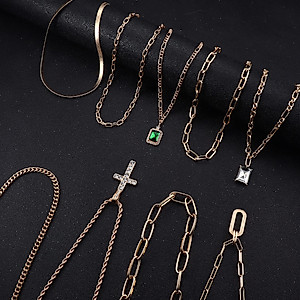 LOYALLOOK 9Pcs 14K Gold Plated Paperclip Herringbone Snake Figaro Chain Link Layered Choker Necklaces Paperclip Emerald Crystal Pendant Layering Necklace Cuban Link Rope Chain Cross Necklaces Gold Tone