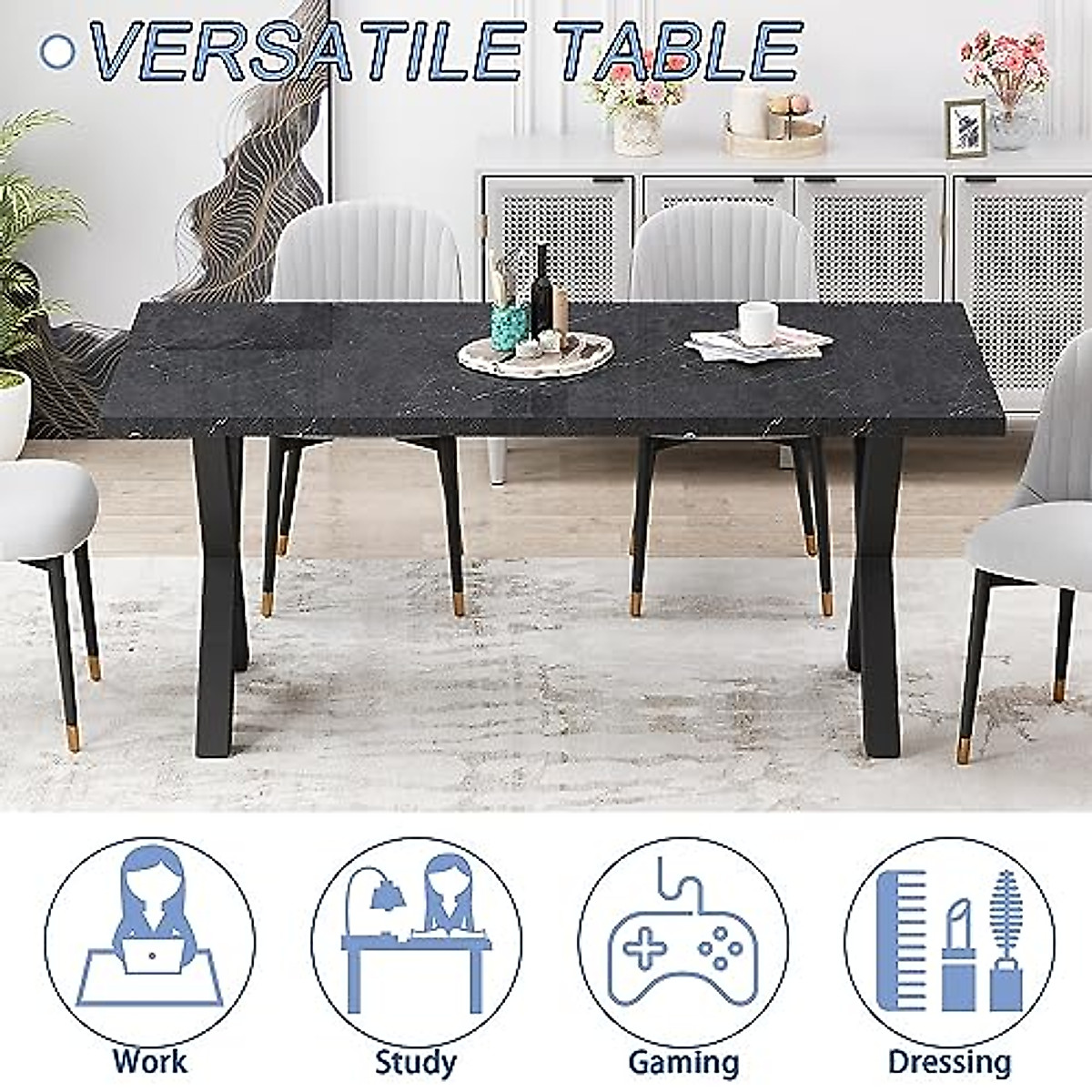 Modern 70-Inch Large Dining Table, Rectangular Table with Printed Marble Table Top, Faux Marble Luxury Dining Table with Metal X-Shape Legs, Modern Table for Office Kitchen Dining Living Room, Black