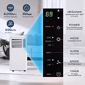 R.W.FLAME 8,000 BTU Air Conditioner cool Up to 350 Sq.Ft, 4 Modes Portable AC Unit with 24Hrs Timer/LED Display/Remote Control/Installation Kits, AC Unit for Bedroom, White…