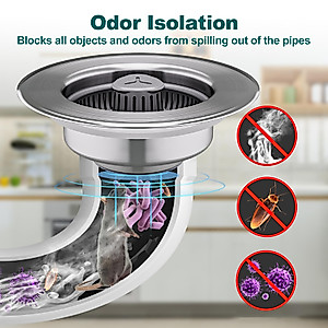 Silicone 3 in 1 Kitchen Sink Drain Strainer and Stopper Combo, 304 Stainless Steel Wraped Shell, Silicone Anti-Clogging Basket Strainer, with Handle for US Standard 3-1/2 Inch Drain