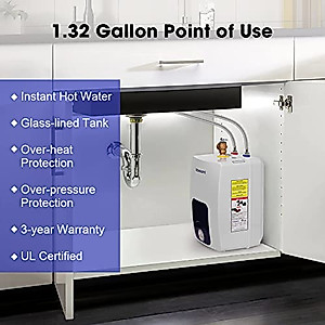 Tecnolove Mini Tank Electric Water Heater UL Listed, 1.32 Gallon (MT15) Under Sink Water Heater for Point of Use, 120V Corded Wall or Floor Mounted