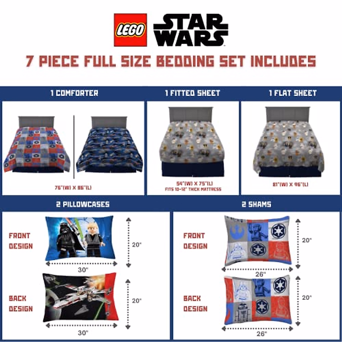Franco Lego Star Wars Classic Kids Bedding Super Soft Comforter and Sheet Set with Sham, 7 Piece Full Size (Official Lego Product)