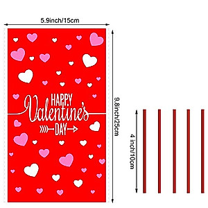 100 Pieces Valentine Cellophane Bags Heart Shaped Red Treat Bags Happy Valentine's Day Bags with Twist Ties for Candy, Wedding Party Favors