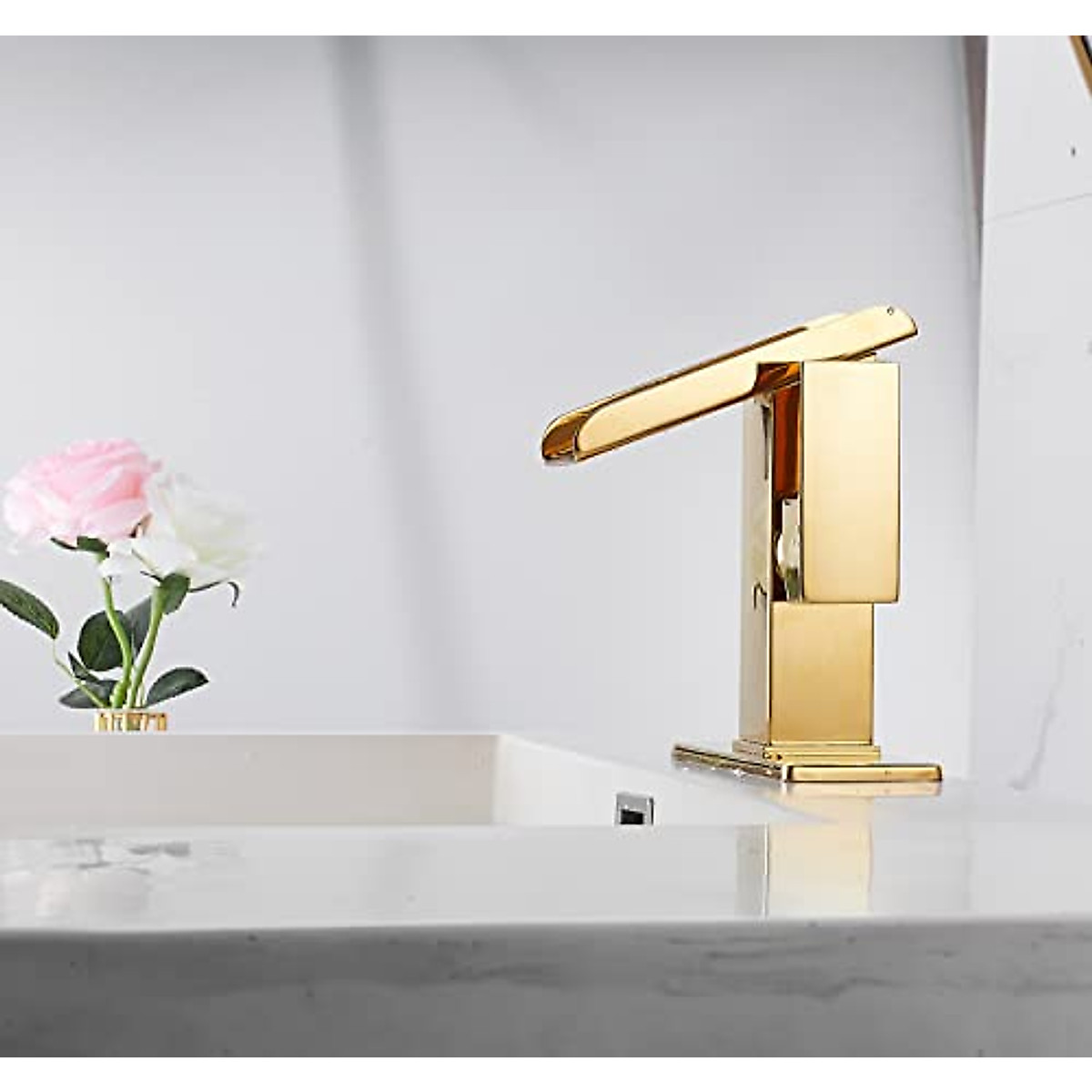Bathroom Sink Faucet Gold Single Handle 1 or 3 Hole 4 Inch Waterfall Open Spout Bathroom Faucets Modern Brass Lavatory Bath RV Vanity Sink Faucets Basin Mixer Tap with Supply Line Cover Plate