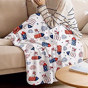 July 4th American Flag Throw Blanket Flannel Fleece, Soft Plush Cozy Baby Blankets, Blue Red Fireworks Gnome Blankets Throws Warn Fuzzy Blanket for Couch/Sofa/Chair/Travel 40"x50"