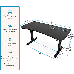 Stand Steady Tranzendesk Power | 63in Electric Gaming Desk | Extra Large Height Adjustable Electric Standing Desk | Ergonomic Computer Desk with 3 Monitor Mount Grommet Holes & Full Size Mouse Pad