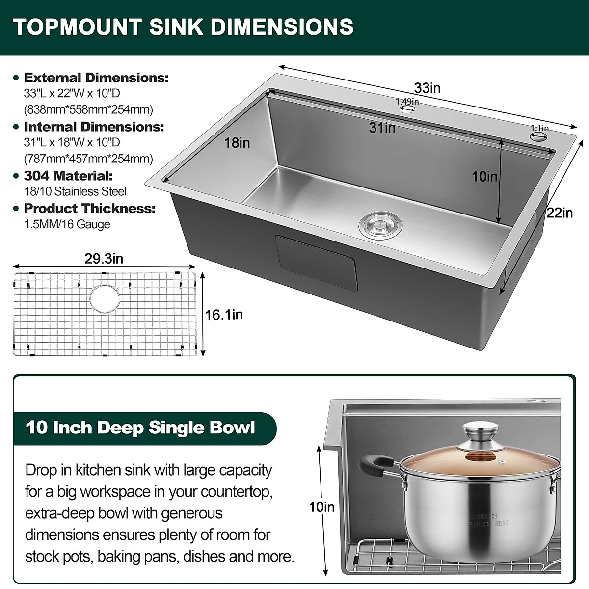 Homikit 33 x22 Inch Drop In Kitchen Sink, 16 Gauge Stainless Steel Topmount Single Bowl Kitchen Sinks with 2-Hole R10 Corner, 10" Deep Large Farmhouse Workstation Sink with Rinse Grid & Strainer Bags