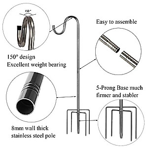 COCONUT Shepherds Hook, 62 Inches Shepherds Hook with 5 Prongs Base Stainless Steel Adjustable Garden Hanging Holder for Bird Feeders Lanterns Planting Hanger Weddings Decor, Silver