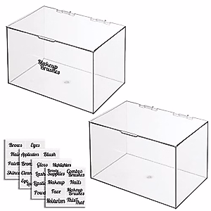 mDesign Plastic Stackable Bathroom Storage Organizer Box with Hinged Lid - for Cabinet, Vanity Organizer for Makeup, First Aid, Hair Accessories - 6.5" High - 2 Pack, Includes 32 Labels - Clear