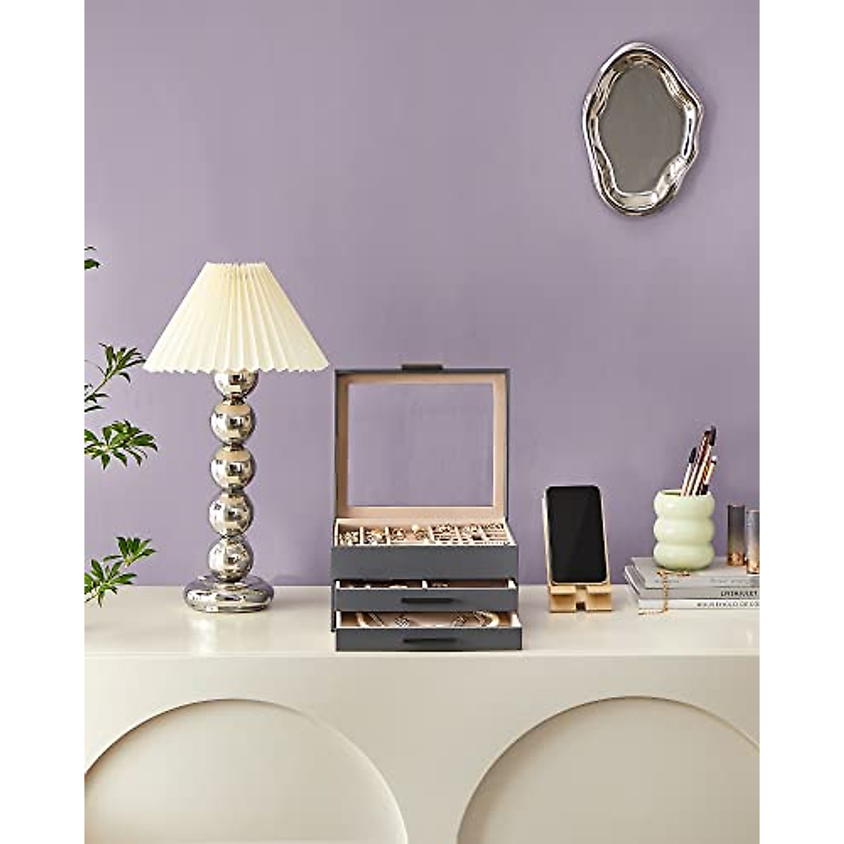 SONGMICS Jewelry Box with Glass Lid, 3-Layer Jewelry Organizer, 2 Drawers, for Big and Small Jewelry, Jewelry Storage, Modern Style, 8 x 9.1 x 5.3 Inches, Interstellar Gray and Silver UJBC239GY