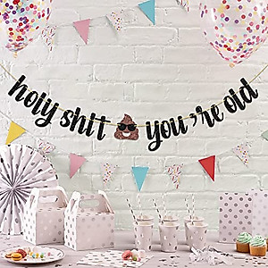 Dalaber Black Glitter Holy Shit You're Old Banner - Funny Adults Birthday Party Decoration - Fun Decoration for 21st 30th 40th 50th 60th 65th 70th 80th Birthday, Retirement Party