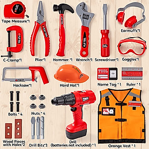 JOYIN 26Pcs Kid Tool Set, Pretend Play Toddler Tool Toy with Construction Worker Costume & Electronic Toy Drill in Storage Box for Boy Girl Halloween Present Birthday Dress Up Party