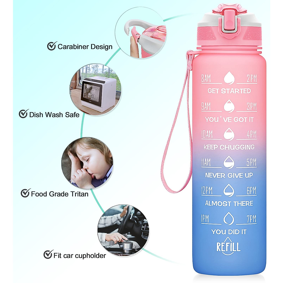 32OZ Motivational Fitness Sports Water Bottle with Straw & Time Maker, BPA-free, Tritan Plastic, Leak-proof Ensure you Stay Hydrated Throughout The Day for Gym, Outdoor Sports (Omber: Rose Serenity)