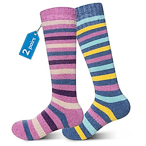 Kids Ski Socks Merino Wool Winter Warm Thermal Hiking Snowboarding Knee High Heavy Boot Socks for Toddler Boys Girls 2 Pairs(Stripe-01, 4-7 Years)