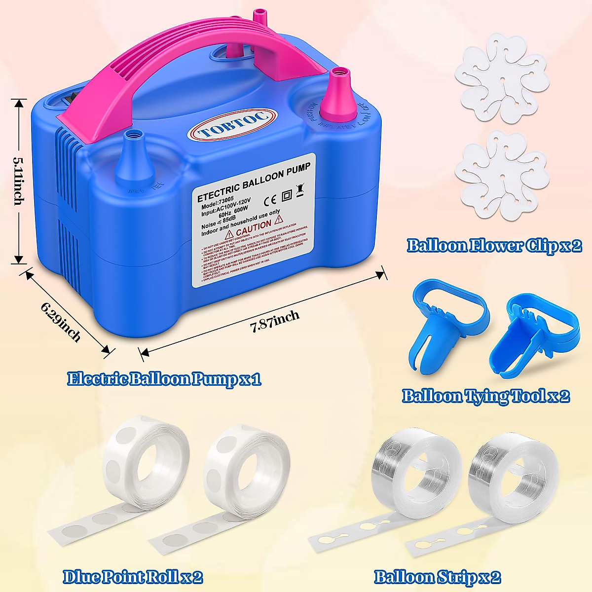 TOBTOC Portable Balloon Pump Electric, Balloon Inflator Blower Dual Nozzle Air Pump for Latex Balloons with Balloon Arch Making Tool Kit Balloon Blower Machine for Party Balloon Decorations(110V 600W)