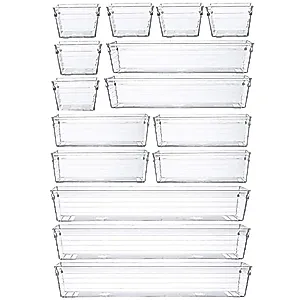 15 PCS Clear Plastic Drawer Organizer Tray for Makeup, Kitchen Utensils, Jewelries, and Gadgets