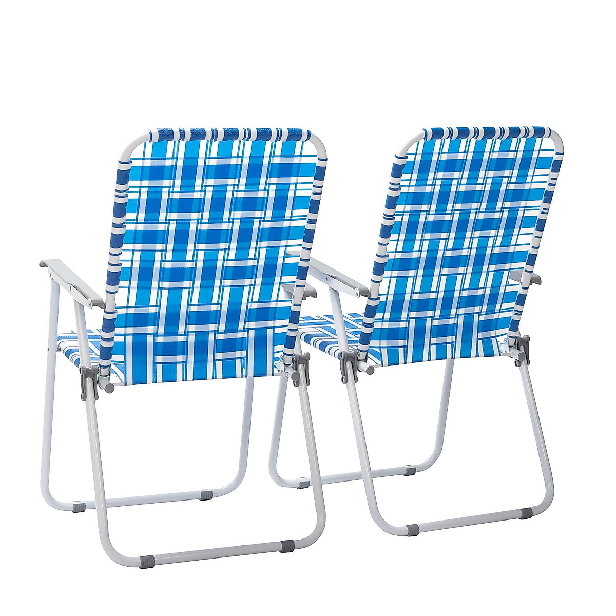 EEBUIHUI Set of 2 Folding Patio Lawn Chairs, Webbed Folding Chair Outdoor Beach Chair High Back Seat Portable Camping Chair for Yard, Garden (Blue White)