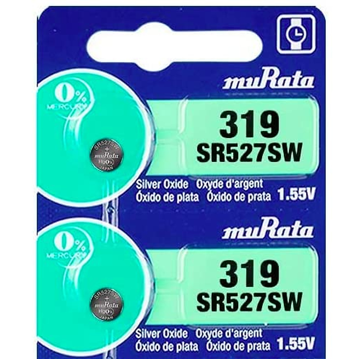Murata 319 SR527SW Battery 1.55V Silver Oxide Watch Button Cell - Replaces Sony 319 (2 Batteries)