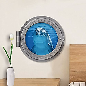 BooDecal 11 x 11 inch Cute Dolphin Undersea Series Porthole Fake Window Removable Wall Decals Swimming Sea Fish Waterproof Wall Stickers for Childrens Playroom Nursery Bathroom