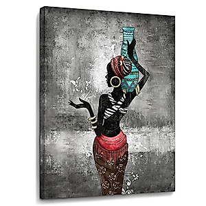 African Lady Wall Art Pictures Bathroom Set / 12"Wx16"H Canvas Print Wall Decor / Women Figure Girls Tribal Lady Wall Art Bedroom Office / Creative Vintage Gift Bottle Human Decorations Home Black Artwork