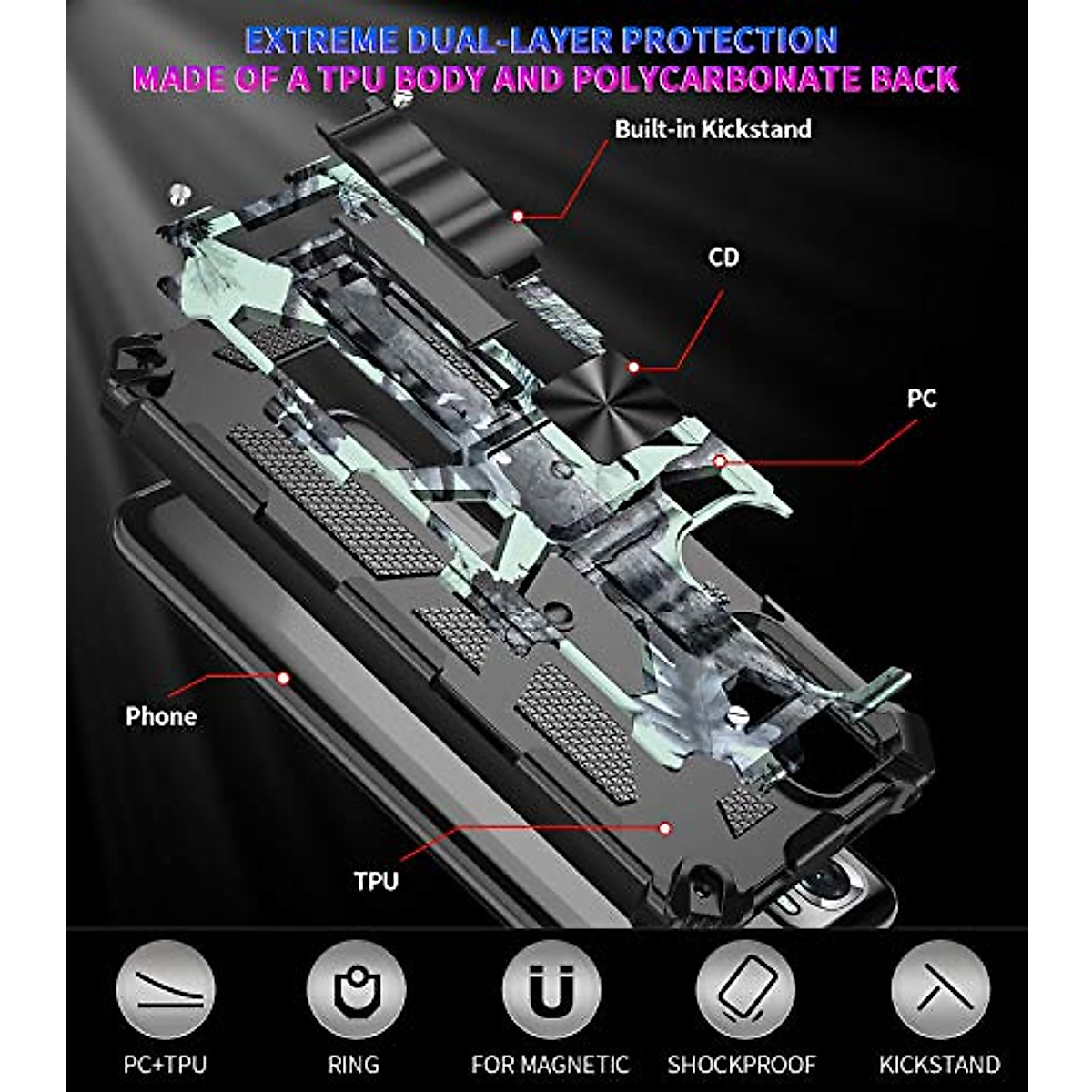 Ysnzaq for Xiaomi Redmi Note 10 4G (No 5G) Outdoor Camouflage Sturdy Phone Case with Heavy Duty Shockproof Military Grade Protection and Built-in Magnetic Cover for Xiaomi Redmi Note 10S MC Mint Green