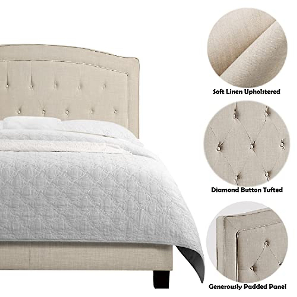 Rosevera Layla Panel Bed Frame with Adjustable Button-Tufted Headboard for Bedroom/Linen Upholstered/Wood Slat Support/Easy Assembly,Queen,Warm Beige