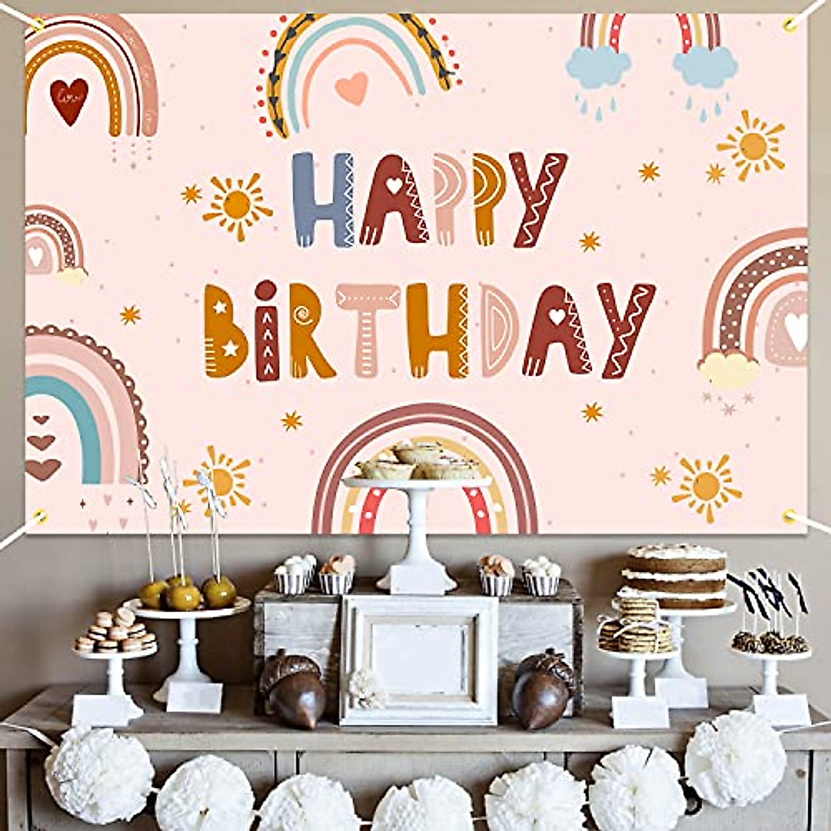 Boho Rainbow Happy Birthday Backdrop Banner Pink Bohemian Sunshine Theme Background Decorations for Women Girls Baby Shower Photography Party Sign Decor Supplies