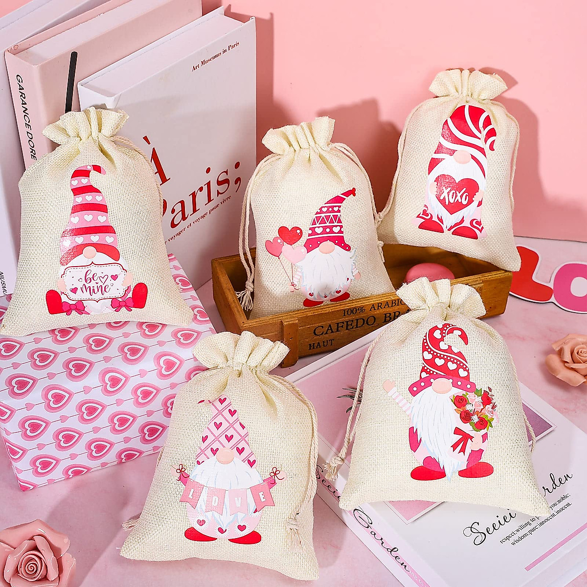 Whaline 24Pcs Valentine's Day Burlap Gift Bags Pink Gnome Pattern Drawstring Candy Bags Rustic Linen Pouches Sacks for Valentine's Day Party Favors Wedding Bridal Shower Supplies, 5 x 7Inch