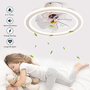 EKIZNSN 20'' Bladeless Modern Indoor Flush Mount Ceiling Fan with Lights and Remote, APP Control White Low Profile Ceiling Fans for Bedroom/Small Room