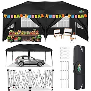 COBIZI 10x20 Pop up Canopy Tent with 6 Sidewalls, Waterproof Portable Outdoor Canopy 10x20 Ez up Instant Shelter Tent for Parties, Wedding, Backyard, Carport with Carry Bag, Stakes, Ropes, Black