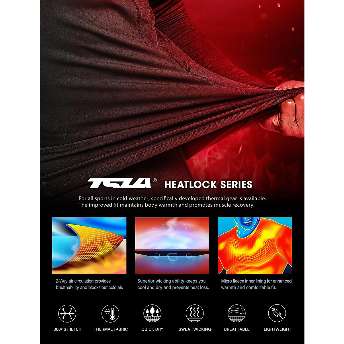 TSLA Men's Thermal Long Sleeve Compression Shirts, Athletic Base Layer Top, Winter Gear Running T-Shirt, Heatlock Round Neck Black, Medium