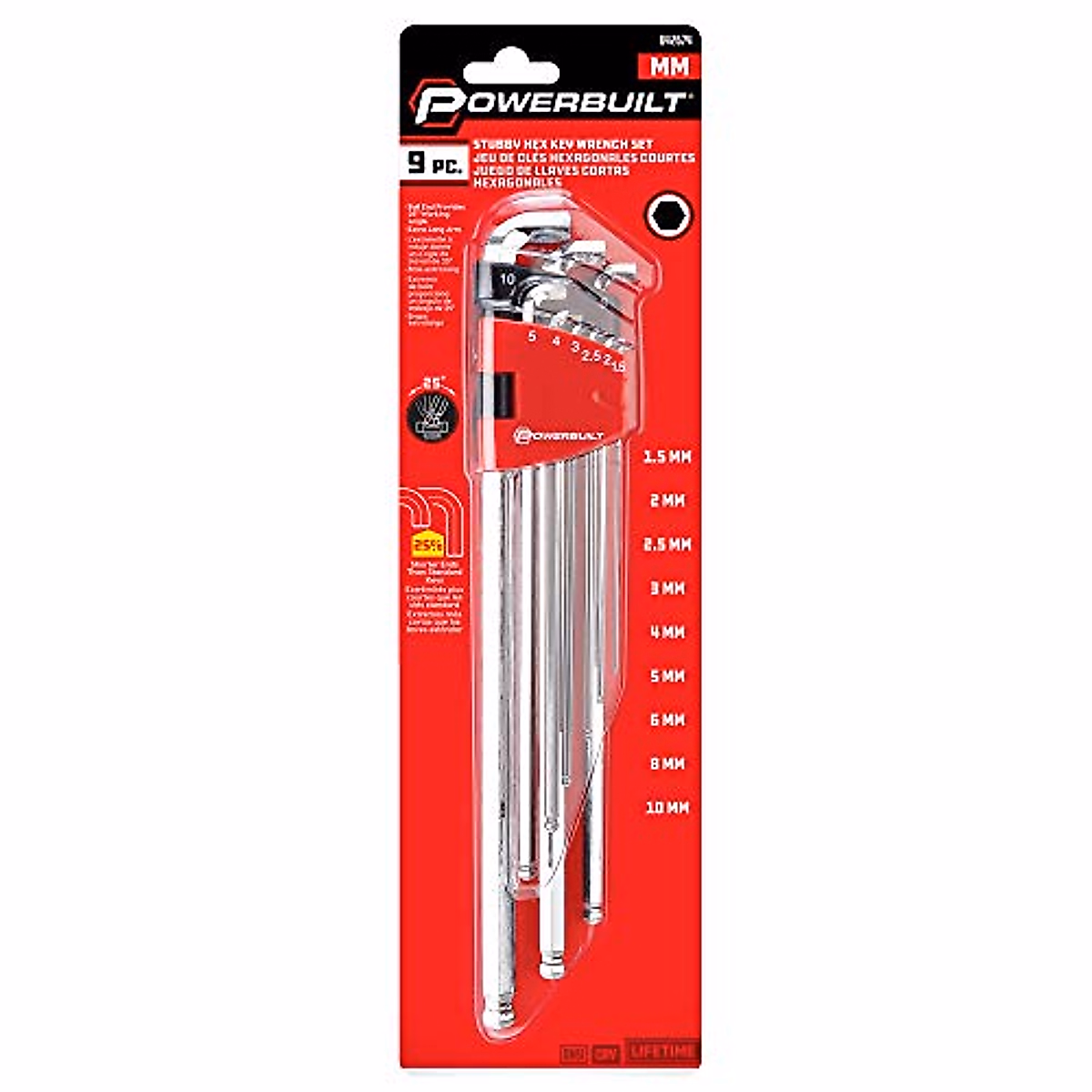 Powerbuilt 9 Piece Metric Stubby Long Arm Ball End Hex Key Wrench Set - 240100, Red