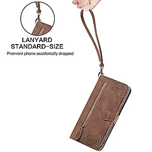 ONV Wallet Case for OnePlus N20 SE - with Zipper Wrist Strap Emboss Flower Flip Phone Case Card Slot Magnet Leather Shell Flip Stand Cover for OnePlus N20 SE[SZY] -Brown