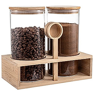 ANPHSIN Glass Coffee Containers with Shelf, 2Pcs 49oz Large Capacity BPA Free Coffee Storage Jars with Airtight Sealed Bamboo Lids Spoon for Kitchen Food, Coffee Beans, Coffee Powder, Sugar, Tea