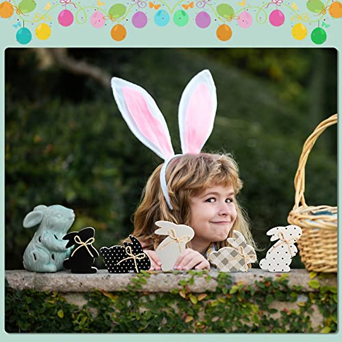 6 Pcs Easter Bunny Table Wooden Signs Bunny Shaped Farmhouse Decor Bunny Wooden Table Decorations Rabbit Tiered Tray Decor Wood Cutouts with Rope for Crafts Party Table Decorations, Black, Gray, White