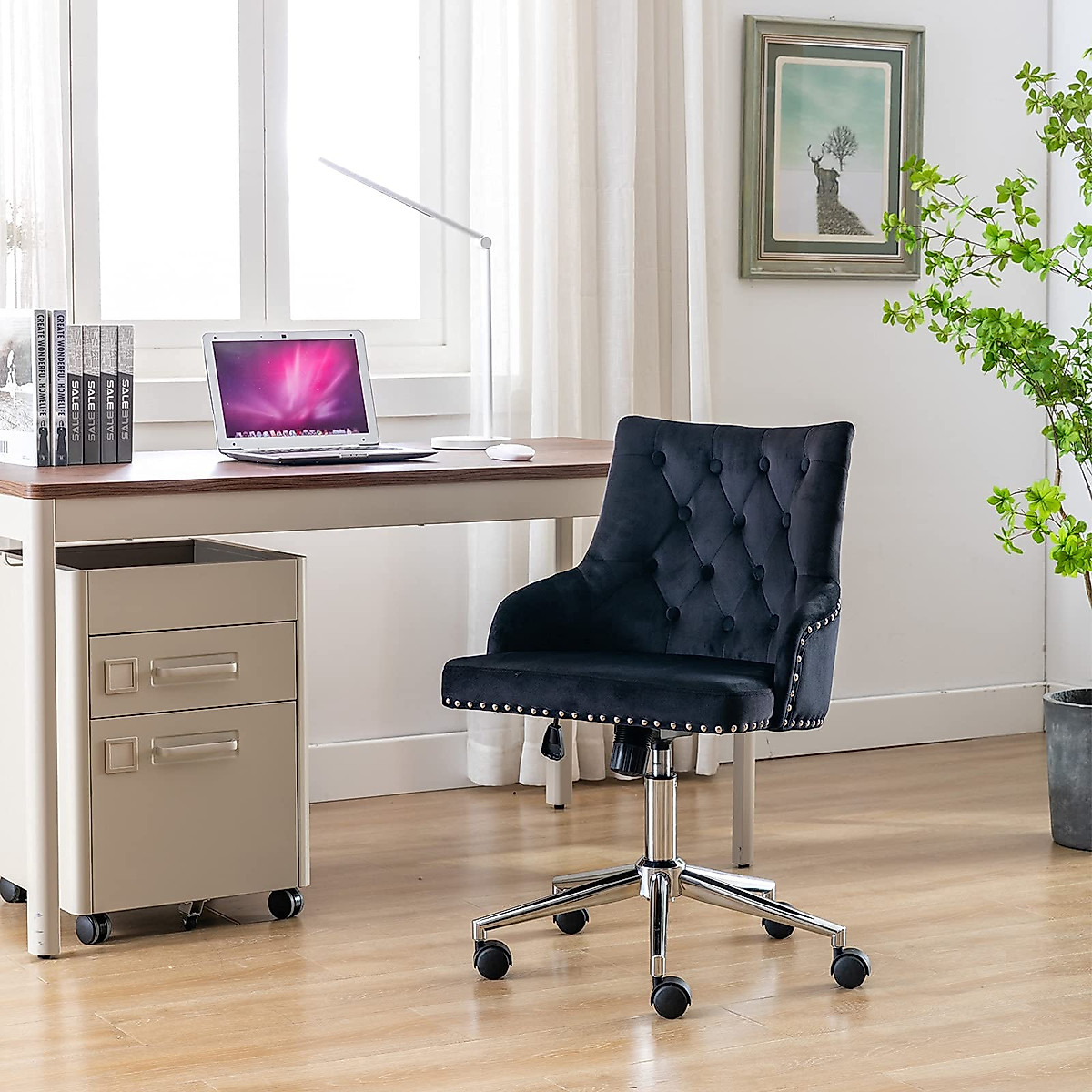 Freemax Velvet Desk Chair Tufted Office Chair with Wheels Accent Vanity Chair Fabric Task Swivel Armchair for Bedroom Living Room Black