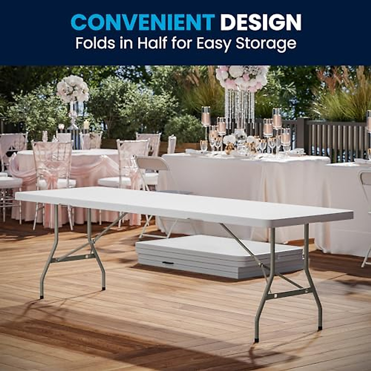 Flash Furniture Kathryn 8' Rectangular Plastic Folding Event Table with Carrying Handle, Bi-Fold Portable Banquet Table for Indoor/Outdoor Events, Granite White, 30"W x 96"L