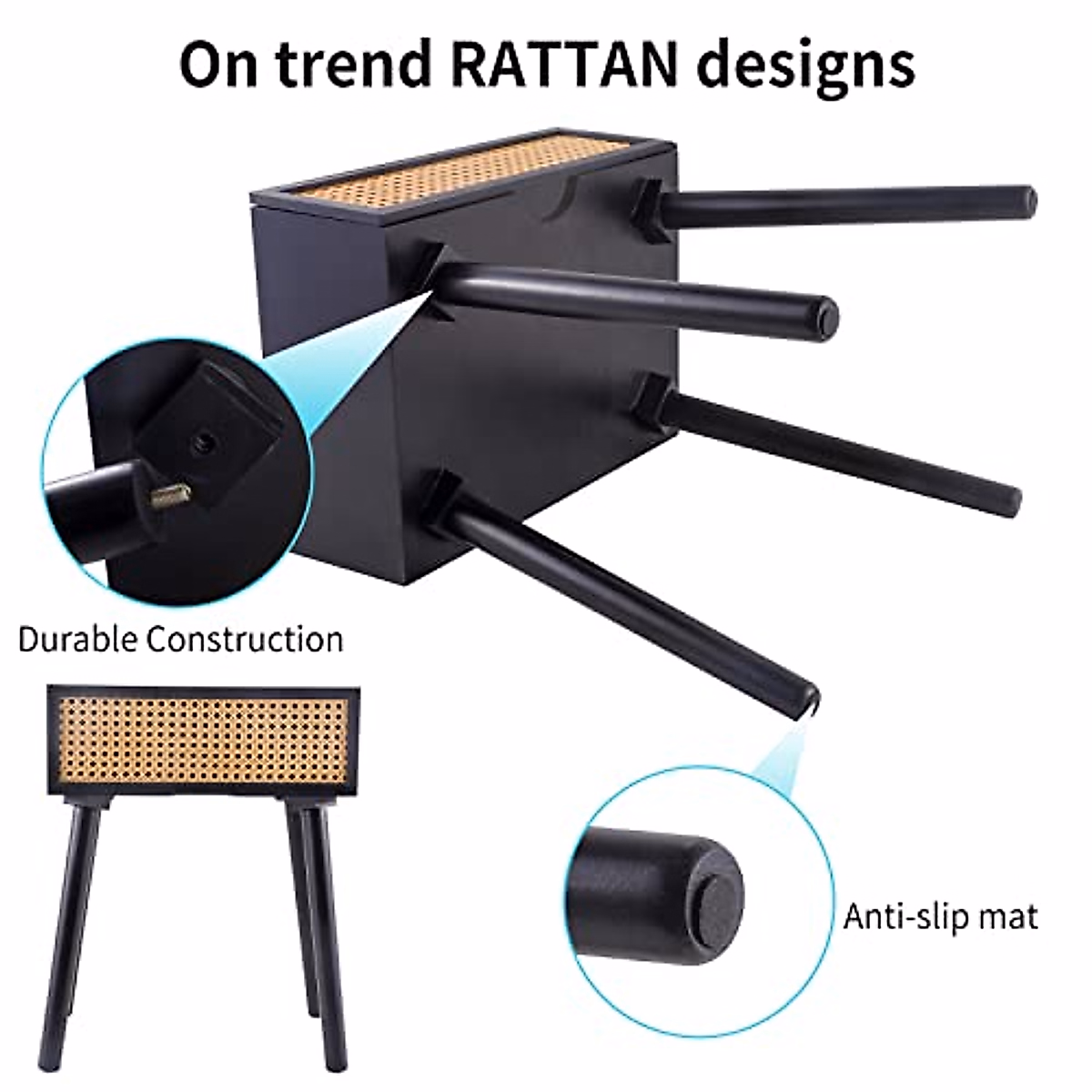 Rattan Nightstand, Small End Table with Storage (No Assembly Required), Black Side Tables Bedside Table Mid-Century Modern Style Coffee Table for Living Room Bedroom Balcony Office