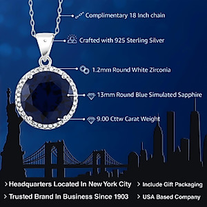 Gem Stone King 925 Sterling Silver Blue Simulated Sapphire Pendant Necklace For Women | 9.00 Cttw | 13MM Round | With 18 Inch Silver Chain