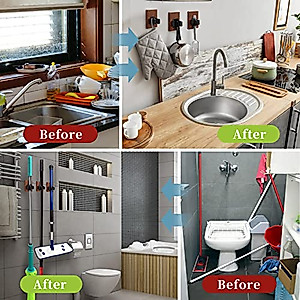 OLBET Farmhouse Mop And Broom Holder Wall Mount - Rustic Wooden Broom Organizer Wall Mount - 2 Pack - Classical Heavy Duty Storage Garden Tool Organizer Wall Hanger - Walnut Grain