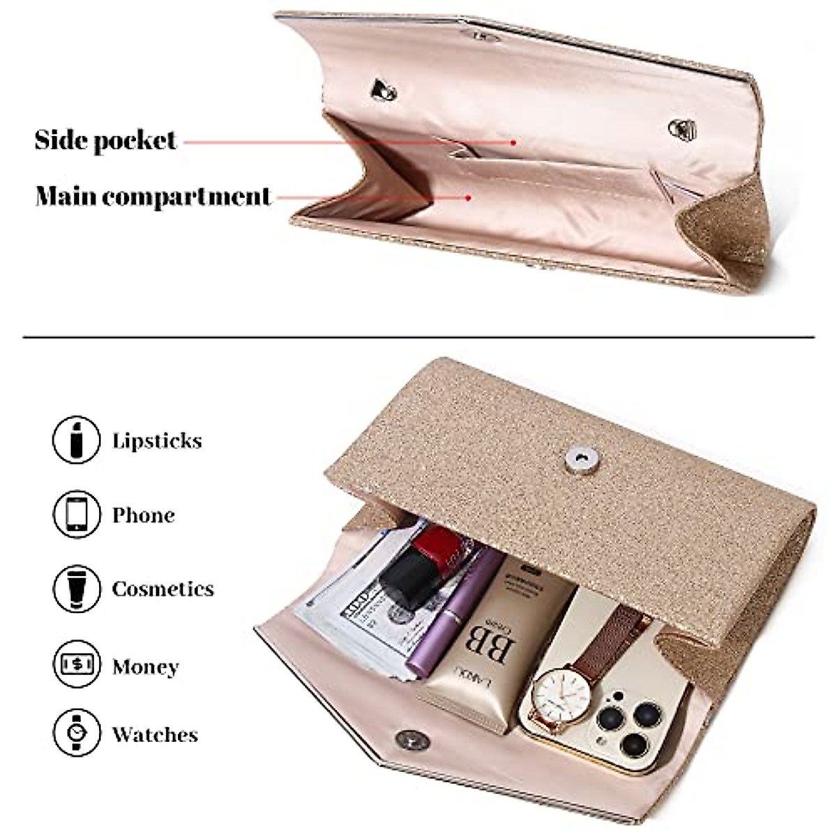Bride Purse Wedding Purses for Women Bride Clutch Purse Bridal Purse Silver Clutch Prom Purses and Handbags Silver Evening Clutch Bridal Gold Clutch Gold Purses for Women Silver Handbag (Champagne)