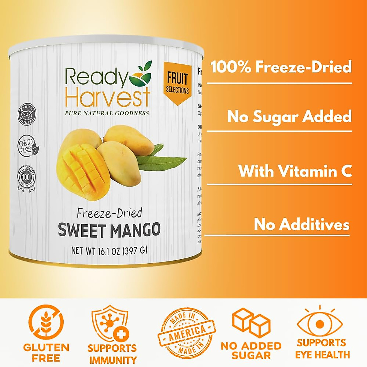 Ready Harvest Freeze Dried Mango Freeze Dried Fruit, Freeze Dried Food Gluten Free Snacks, Fruit Snacks, Canned Food, Bug Out Bag Camping Essentials #10 Can, 25-year shelf life 6 cans 397g