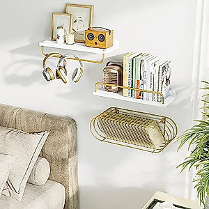 Love-KANKEI Floating Shelves Wall Mounted, Bathroom Shelf with Towel Bar, Wall Shelves with Wire Storage Basket,Wood Shelves for Kitchen Bedroom Living Room, Set of 3 White and Gold