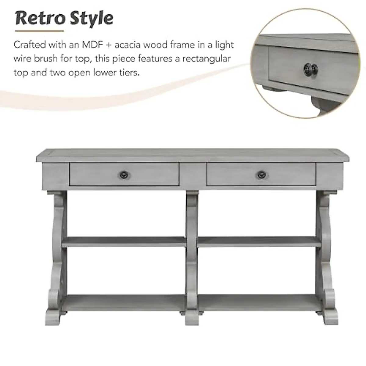 Brabrety Rustic Console Table Sideboard with Ample Storage, Open Shelves and Drawers,for Entrance Dinning Room Living Room (Antique Gray@Storage)