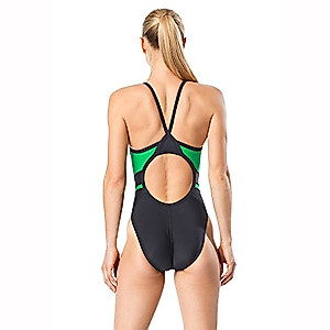 Speedo Womens Powerflex Flyback Solid Adult Team Colors One Piece Swimsuit, Black/Green, 26 US