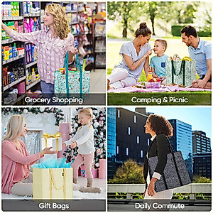 BALEINE 4 PK Grocery Bags Reusable Shopping Bags with Reinforced Bottom, Heavy Duty Foldable Tote Bags (Antique Folidage)