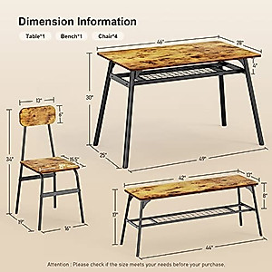 Gizoon 6-Piece Dining Table Set for Home, Kitchen, Dining Room with Storage Racks, Rectangular Kitchen Table with Bench, 4 Chairs, Steel Frame, Brown